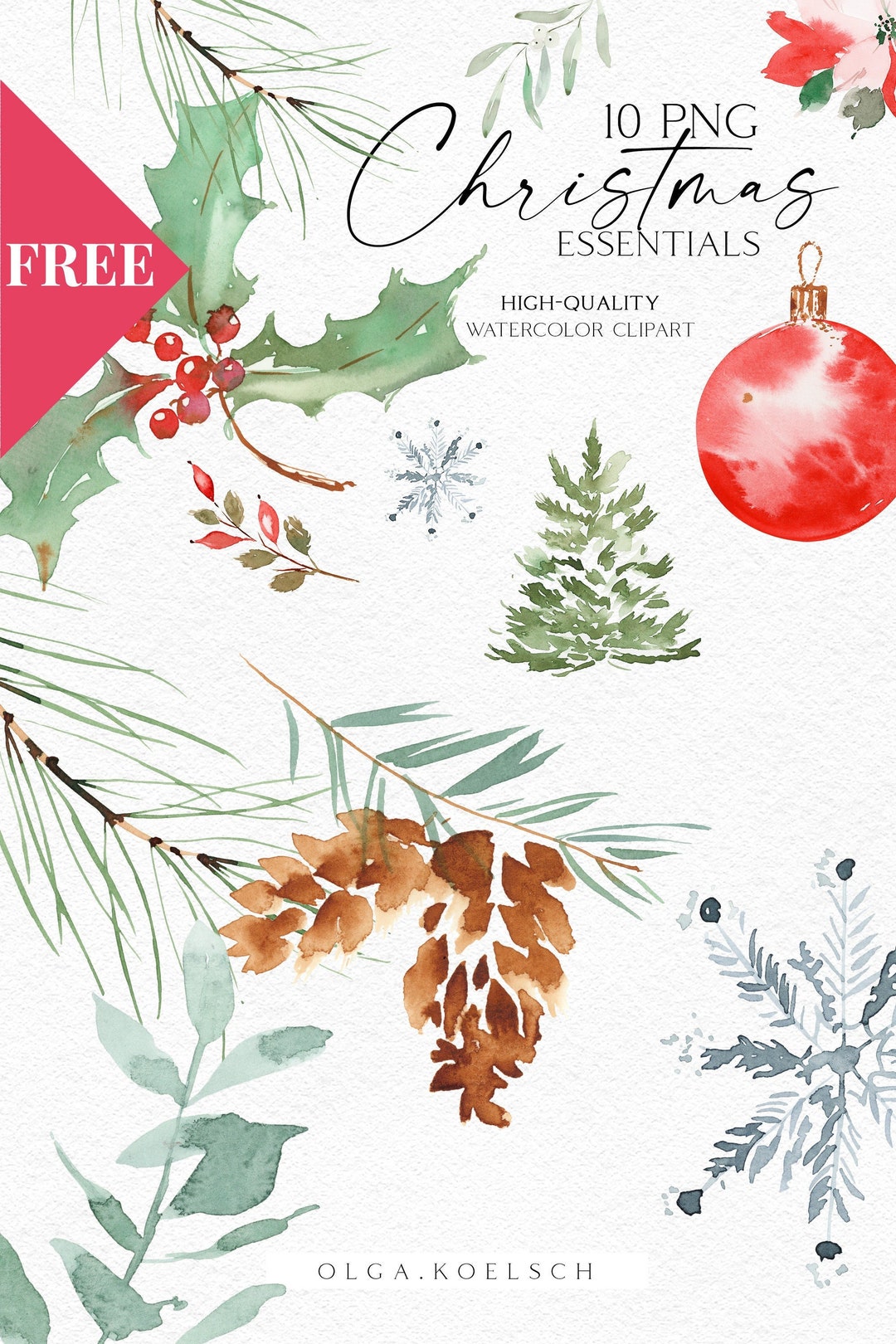 FREEBIE Clipart, Christmas Watercolor Clipart, Christmas Elements ...