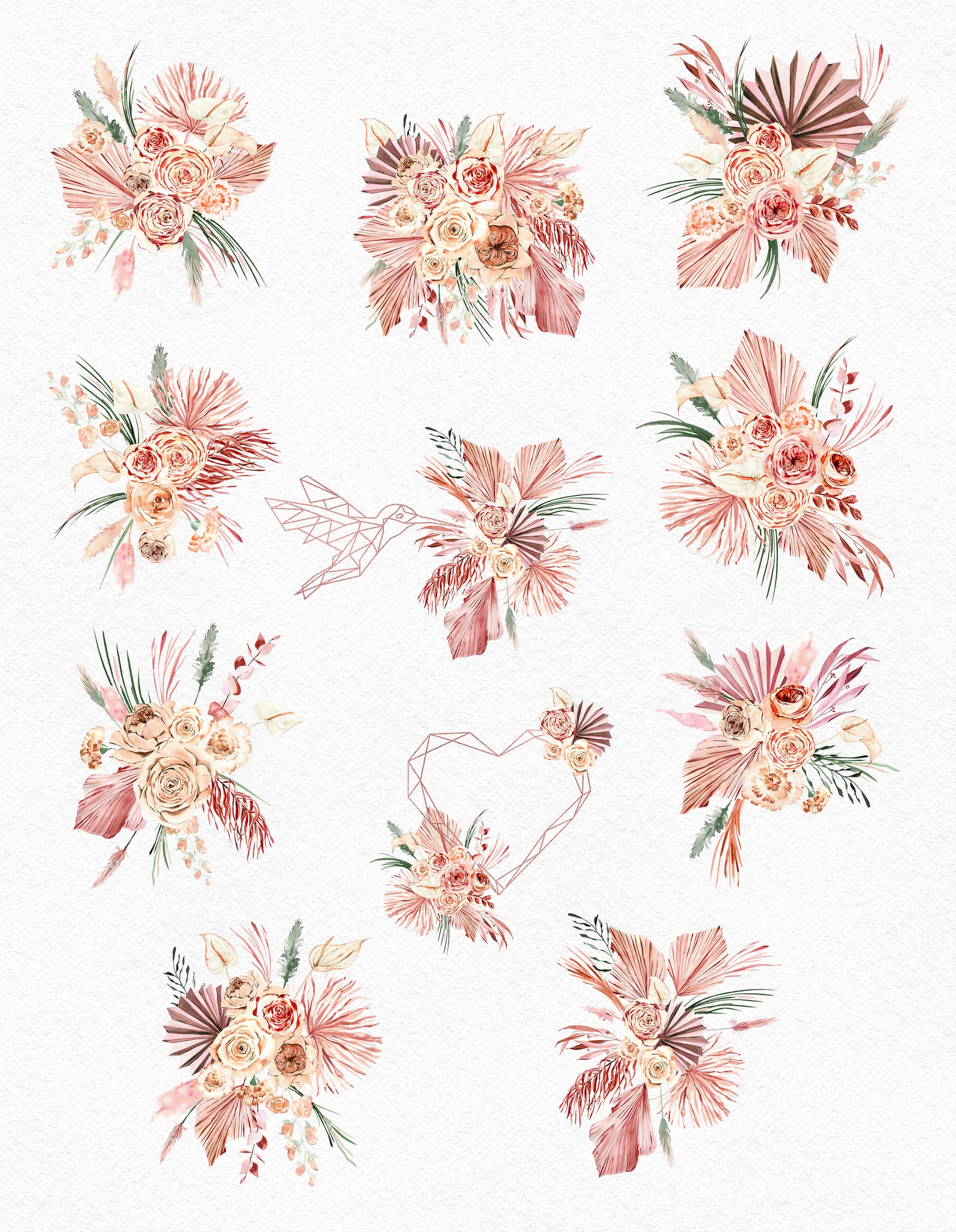 Watercolor Boho Floral Clipart: Tropical Dried Flowers, Palm Leaf (PNG ...