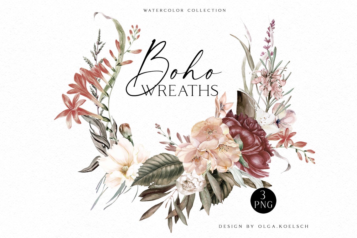 Boho Wreath Clipart Watercolor Roses Borders Png Wedding - Etsy