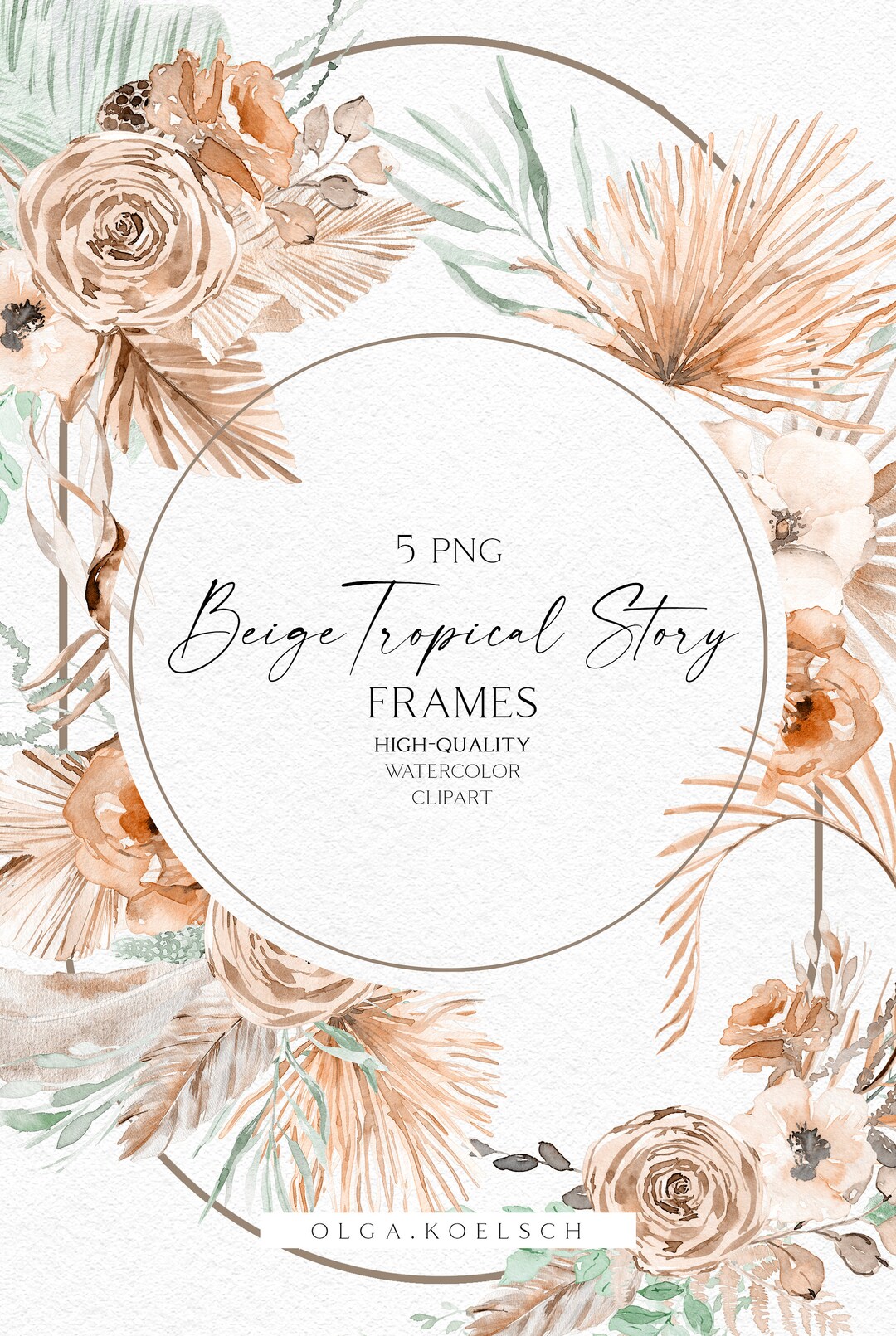 Watercolor Boho Frames Clipart, Palm Boho Roses Bouquets Png, Tropical ...