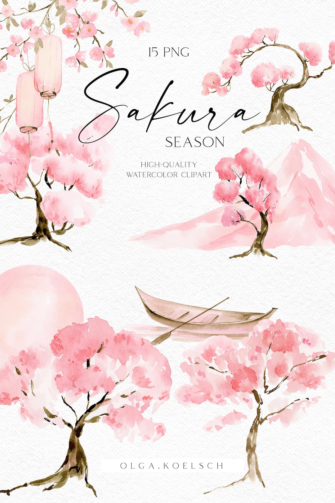 Cherry Blossom Clipart. Watercolor Sakura Blossom Tree Png, Lantern Png ...
