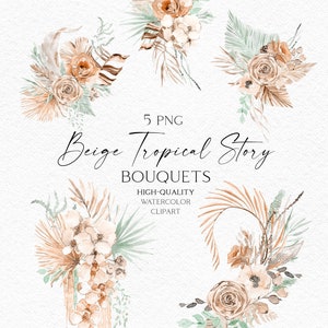 Watercolor Boho Dried Flower Clipart, Palm Boho Roses Bouquets Png ...
