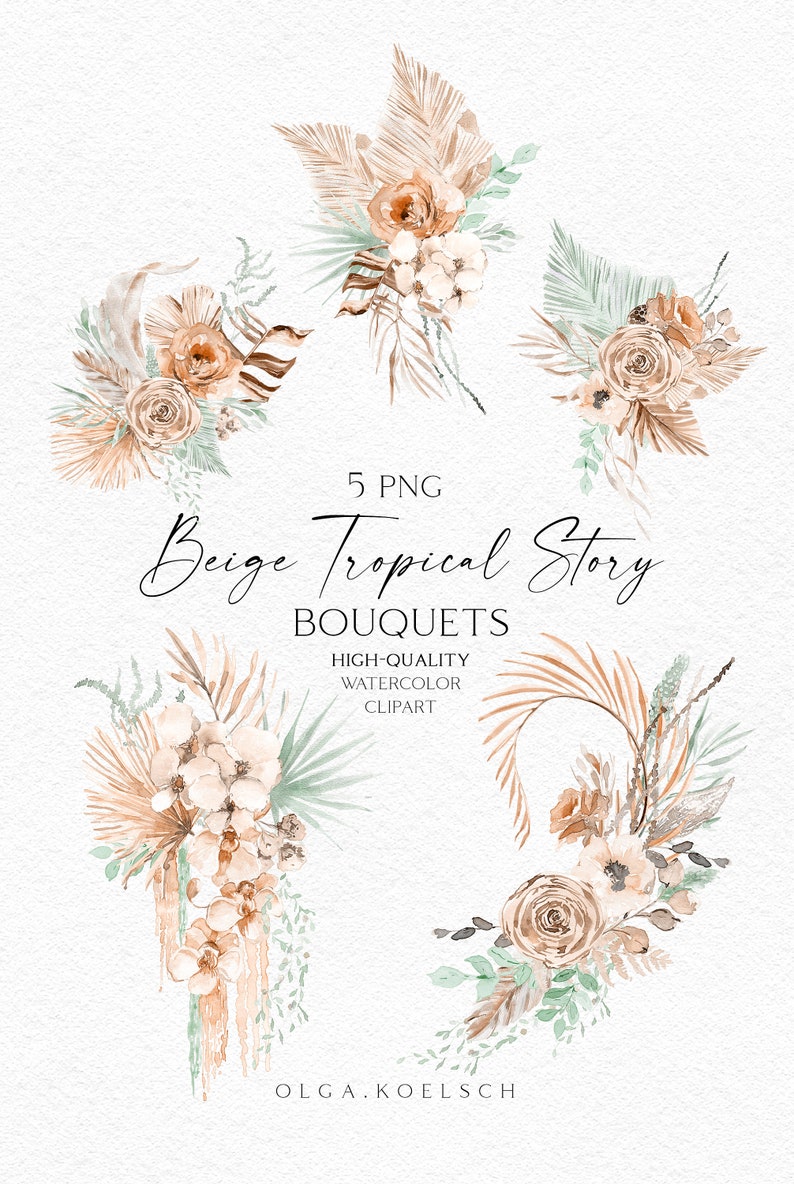 Watercolor Boho Dried Flower Clipart, Palm Boho Roses Bouquets Png ...