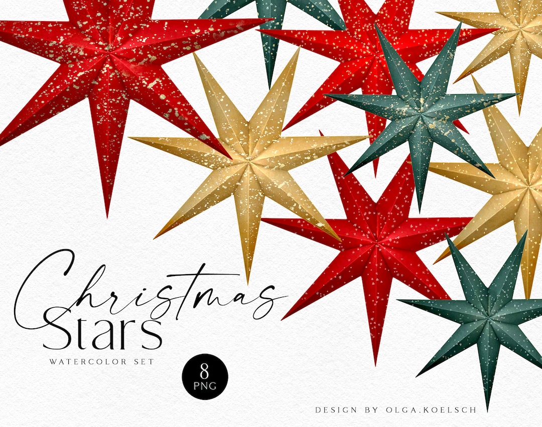 Watercolor Christmas Stars Clipart, Gold, Green, Red Christmas Stars ...