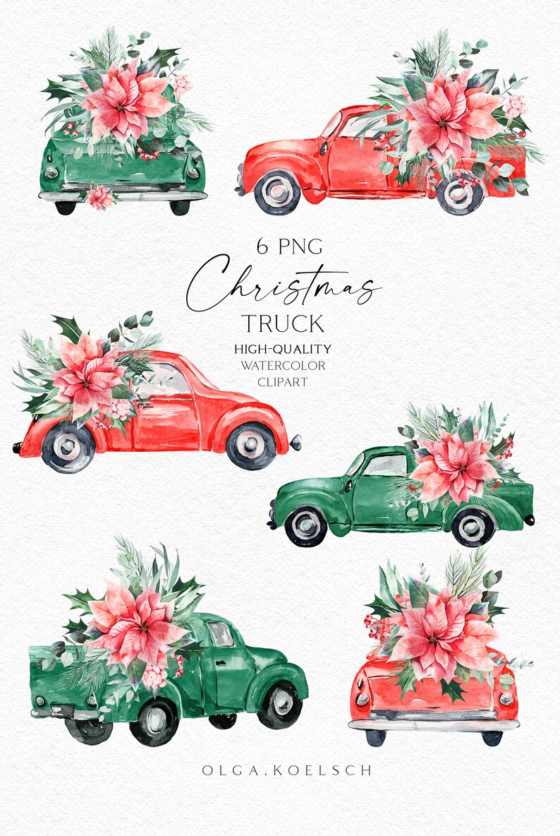 Red Christmas Truck Clipart Watercolor Green Christmas Truck - Etsy