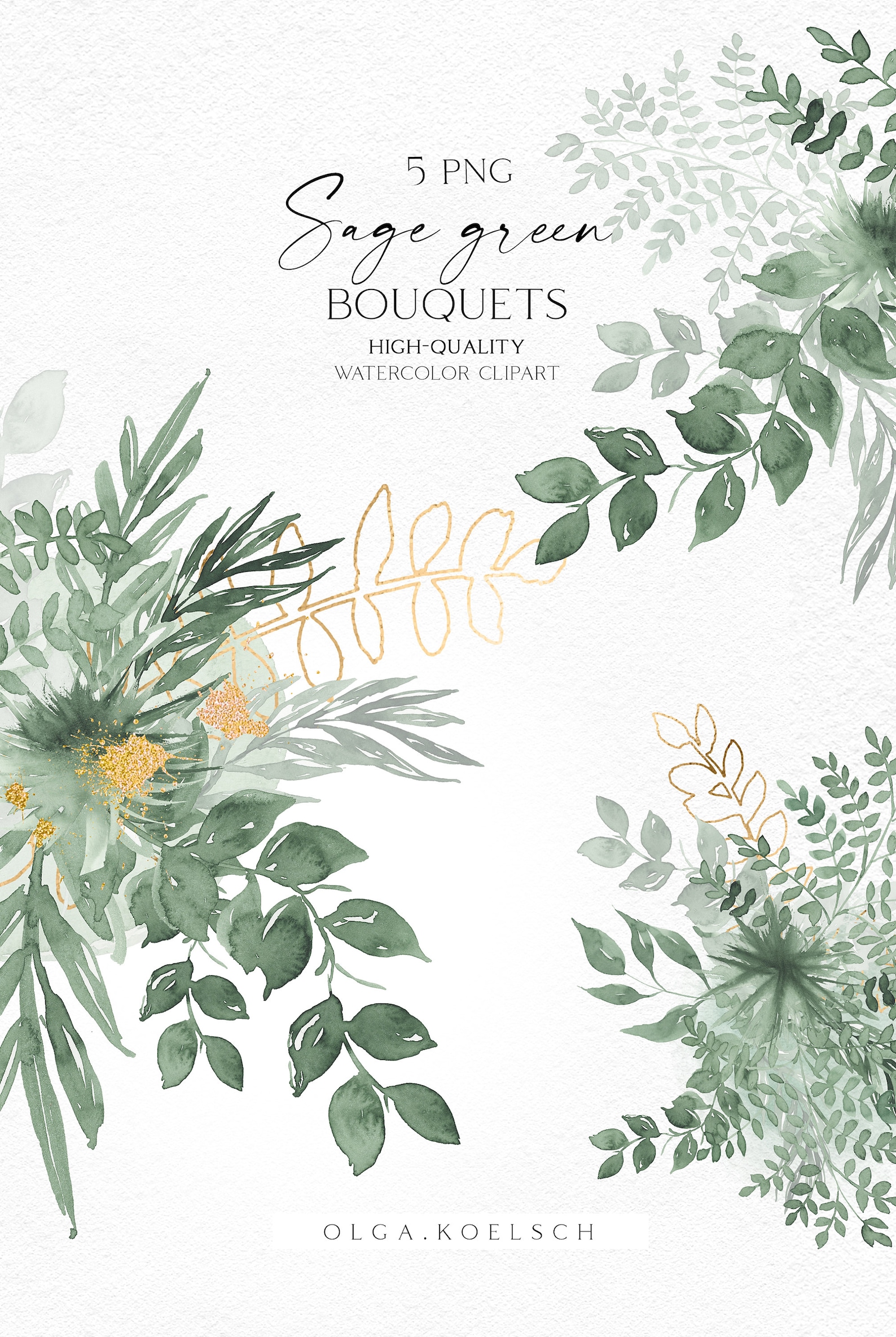 Watercolor Greenery Clipart Sage Green Bouquet Png Gold and | Etsy