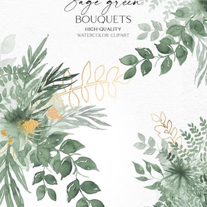 Watercolor Greenery Clipart, Sage Green Bouquet Png, Gold and Green ...
