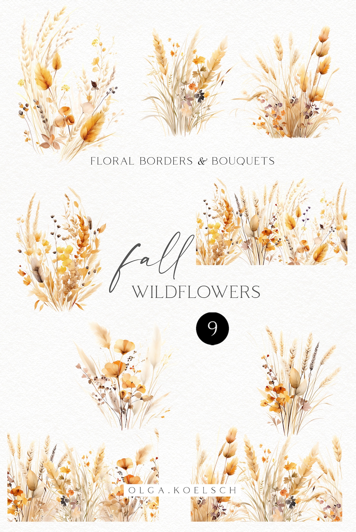 Watercolor Fall Wildflower Clipart, Boho Floral Borders Png for Autumn ...