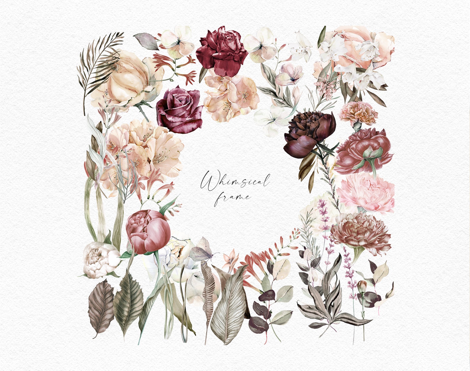 Boho Floral Frame Clipart Watercolor Roses Borders Png | Etsy