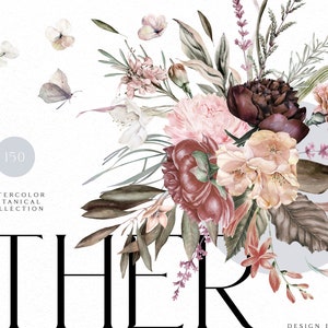 Watercolor Boho Floral Clipart Bundle, Rose Clipart for Wedding ...