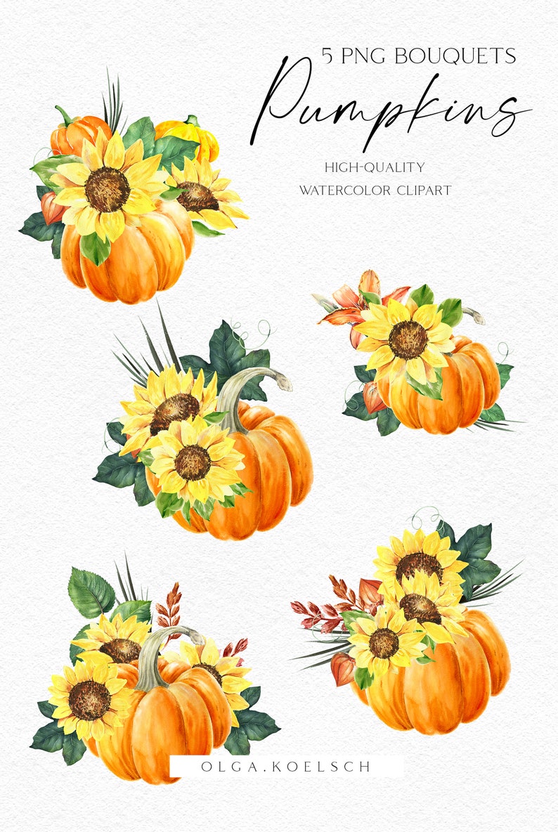 Watercolor Sunflower Clipart Boho Fall Clipart With Pumpkin | Etsy
