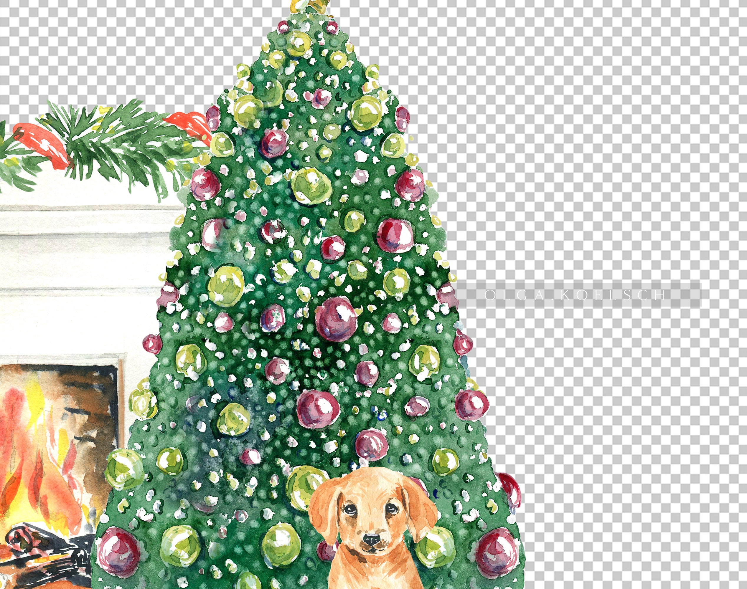 Watercolor Hygge Clipart, Fireplace and Dog Holiday Clip Art, Cozy ...