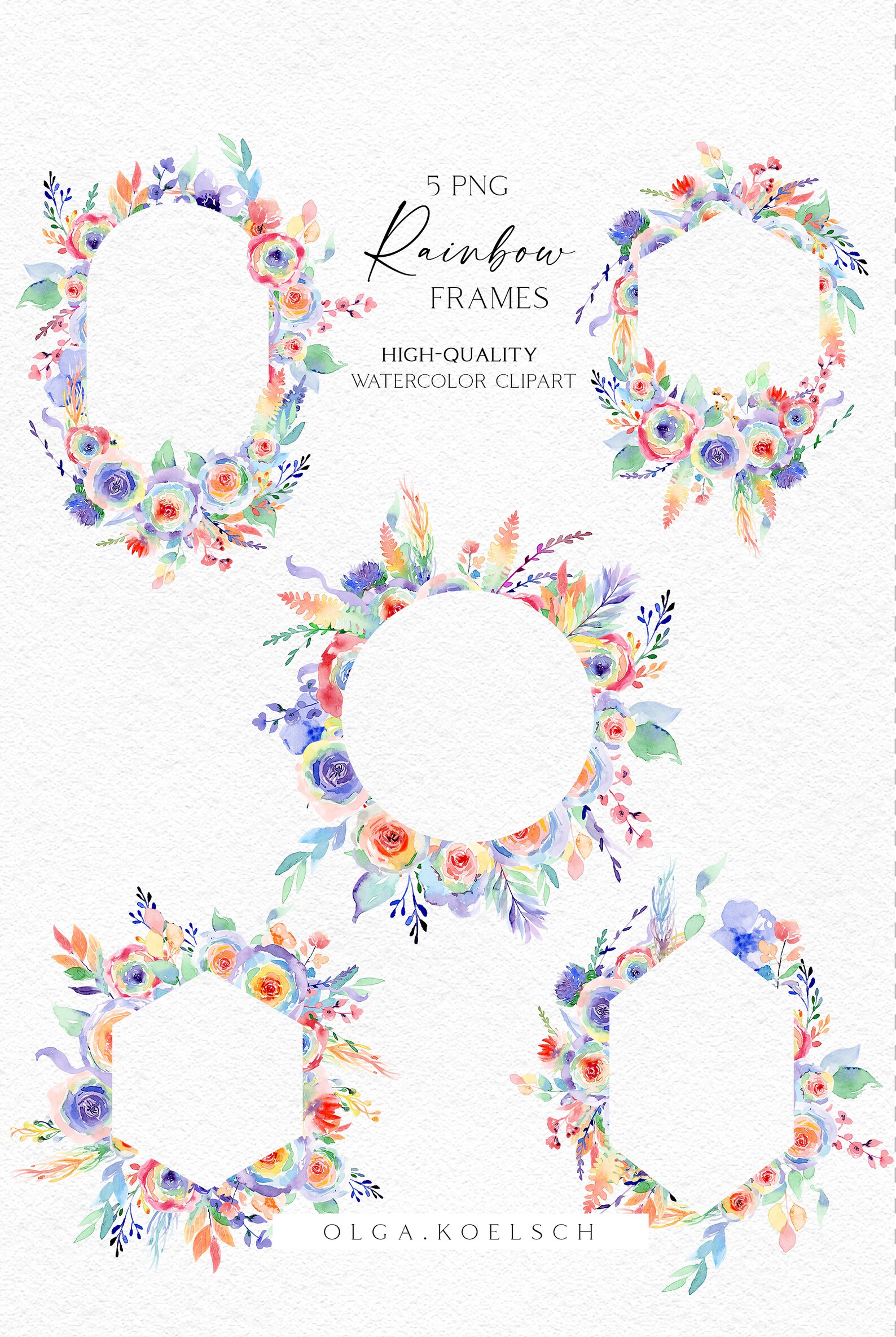 Boho Rainbow Floral Frame Clipart Watercolor Floral Borders - Etsy