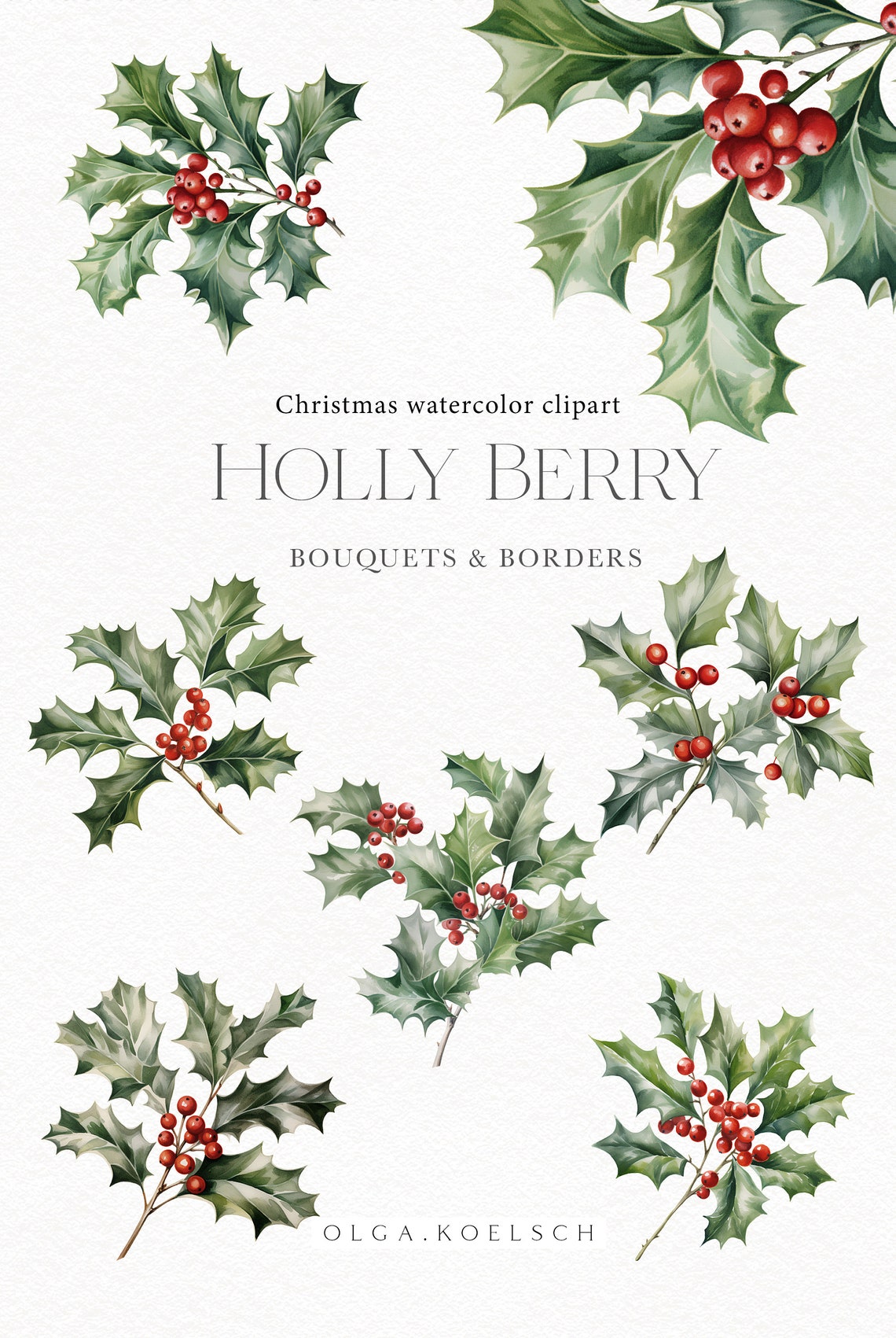 Watercolor Holly Berry Clipart for Christmas Scrapbook Greeting Cards ...