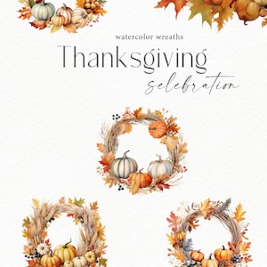 Watercolor Thanksgiving Clipart - Turkey, Pumpkins Png, Fall Wreaths ...