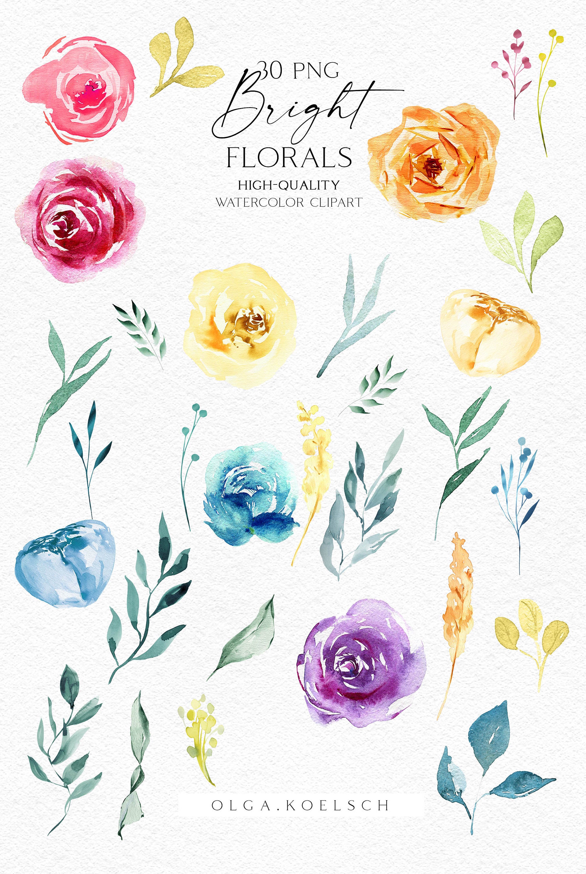 Bright Flowers Clipart Watercolor Roses Summer Floral Png - Etsy