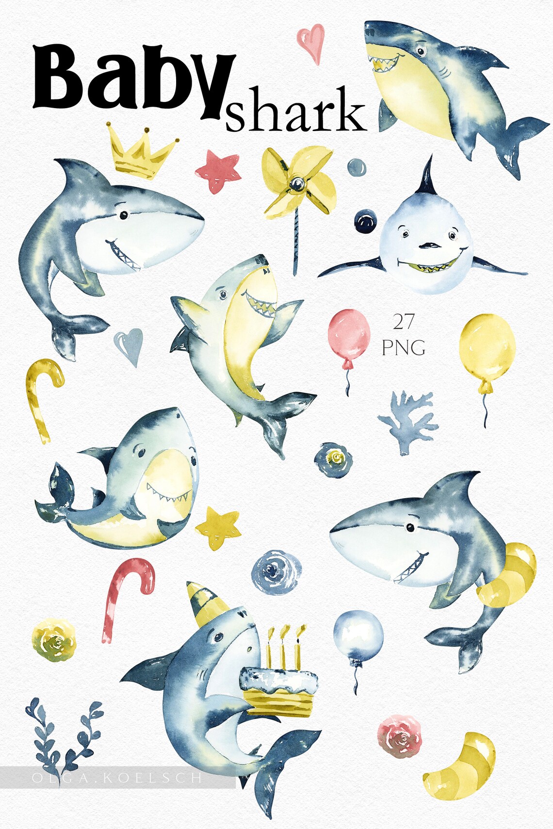 Baby Shark Birthday Clipart, Watercolor Nautical Baby Shower, Stickers ...