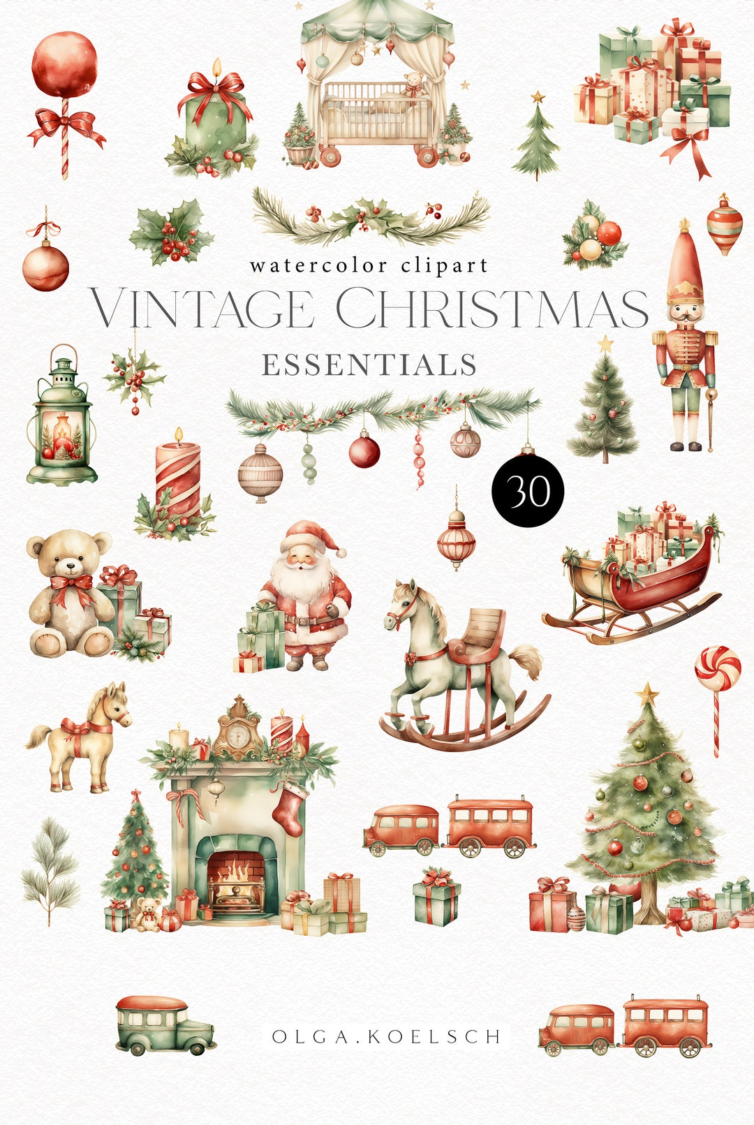 Watercolor Vintage Christmas Clipart With Santa, Nutcracker, Trees ...