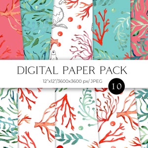 Watercolor Coral Digital Paper Pack, Coral and Seaweed Seamless Pattern ...