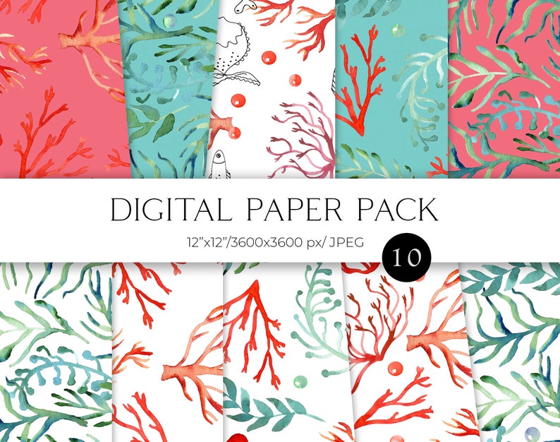 Watercolor Coral Seaweed Pattern, Summer Digital Paper (12x12 JPG) - Etsy