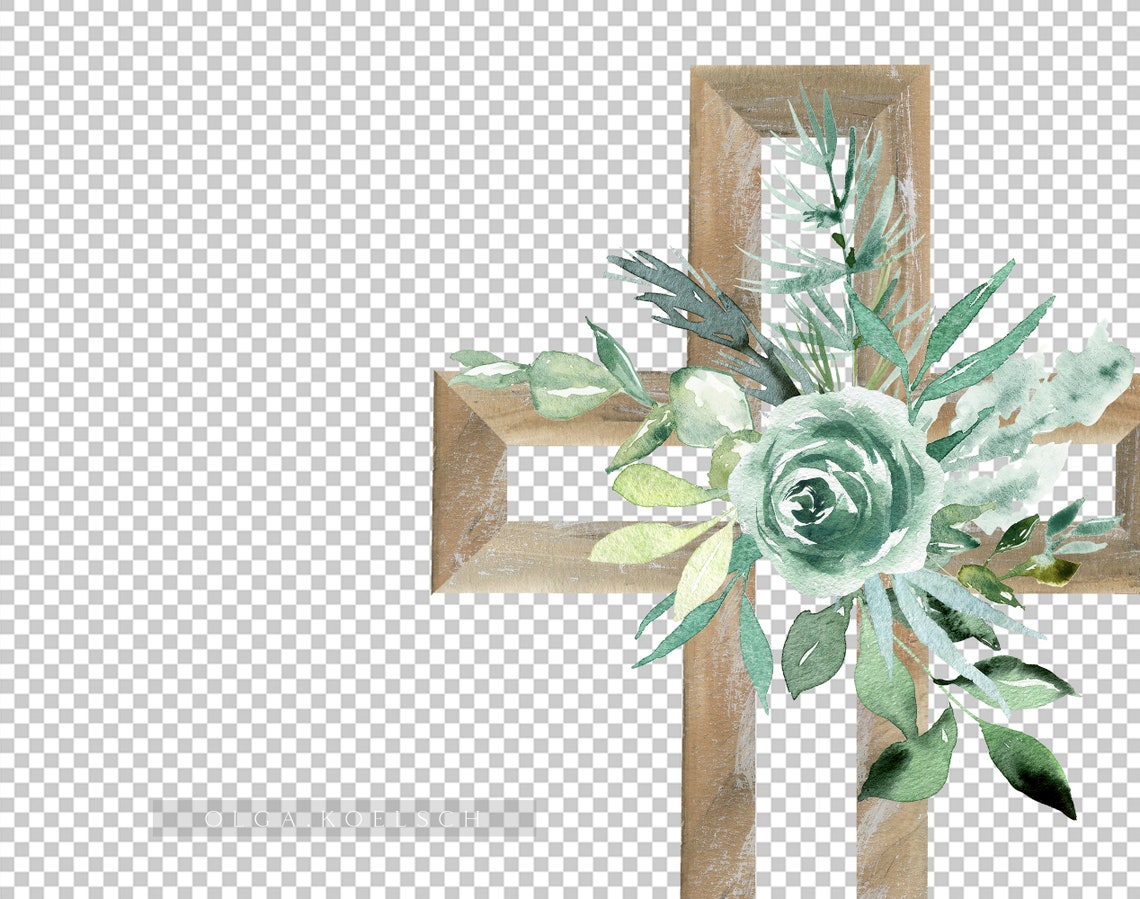 Watercolor Greenery Wooden Cross Clipart Baptism Cross - Etsy
