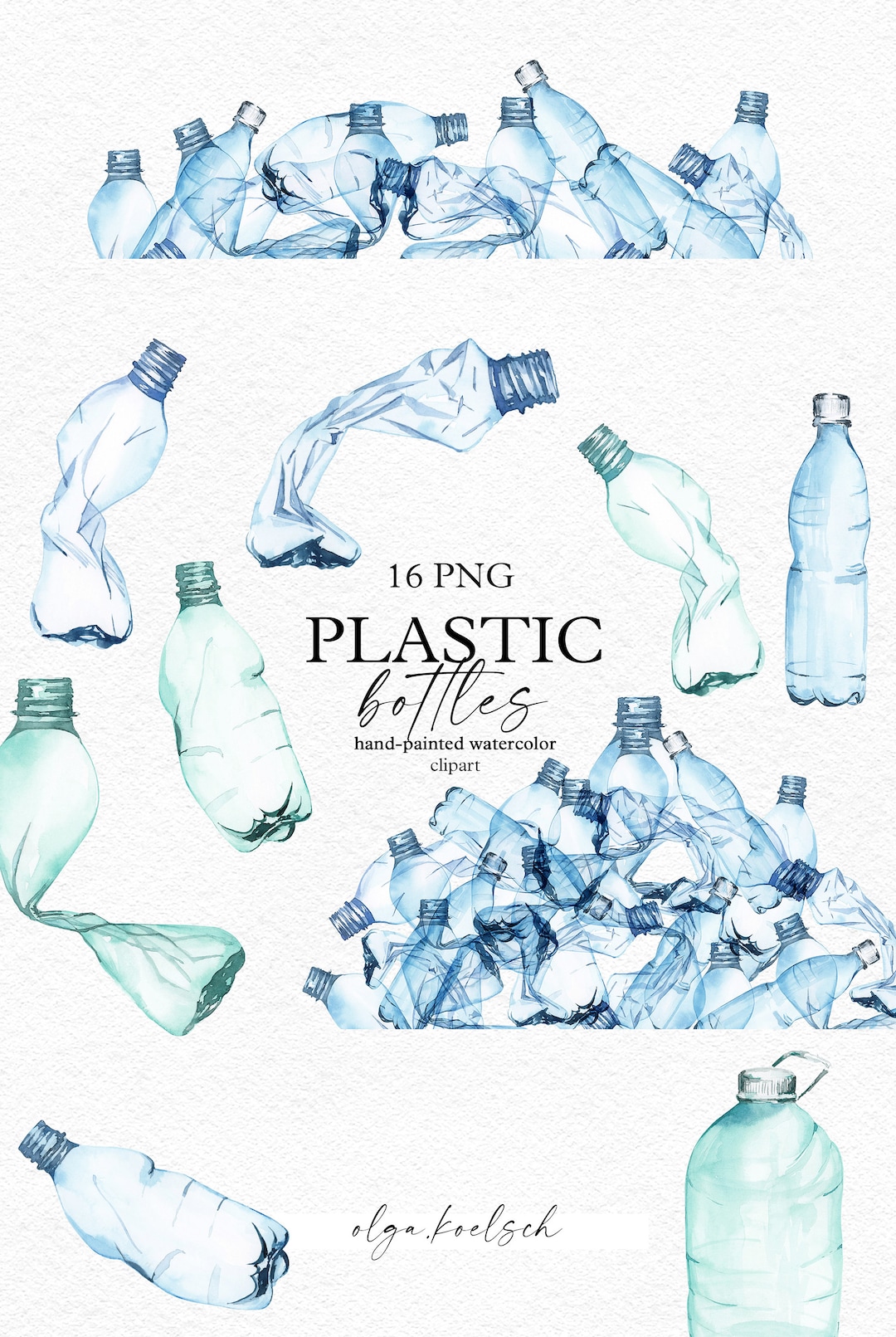 Watercolor Ecology Clipart, Plastic Bottles Clipart for Earth Day ...