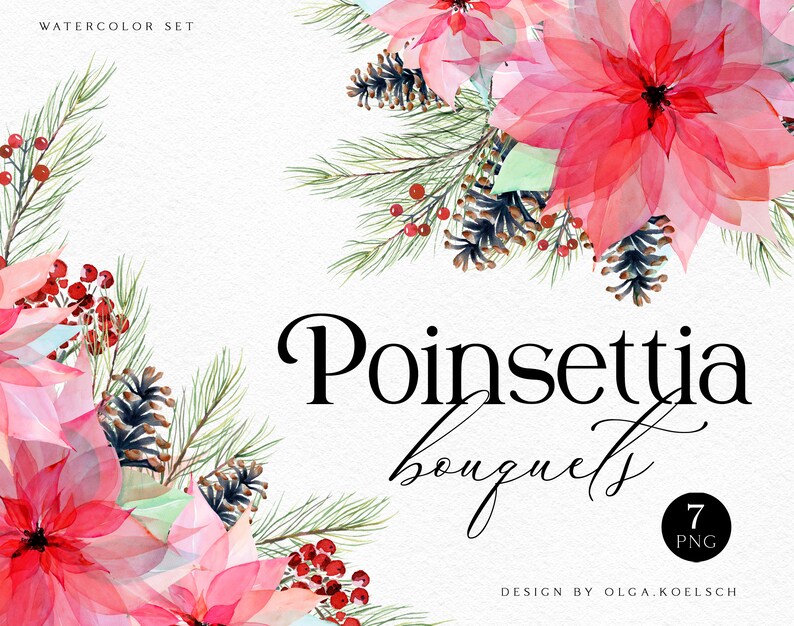 Watercolor Christmas Poinsettia Clipart Winter Watercolor Graphics ...