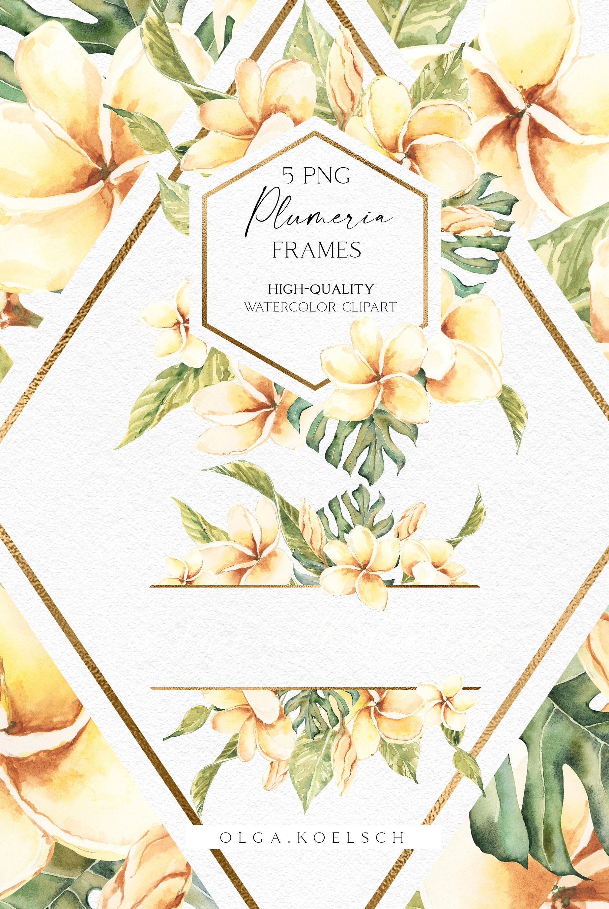 Boho Gold Frame Clipart Watercolor Plumeria Tropical Leaves - Etsy
