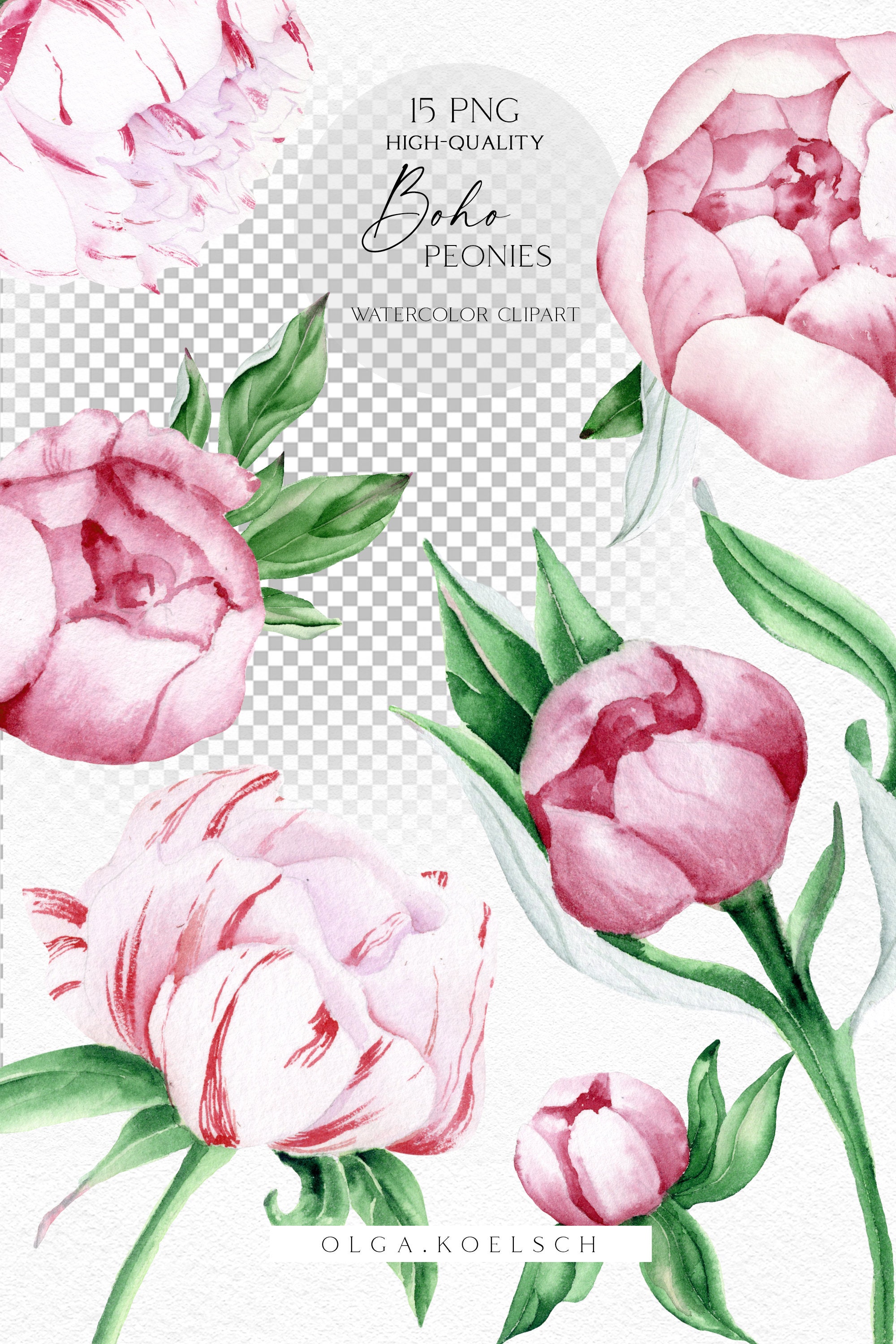 Watercolor Pink Peonies Clipart, Watercolor Boho Flowers Png, Floral ...