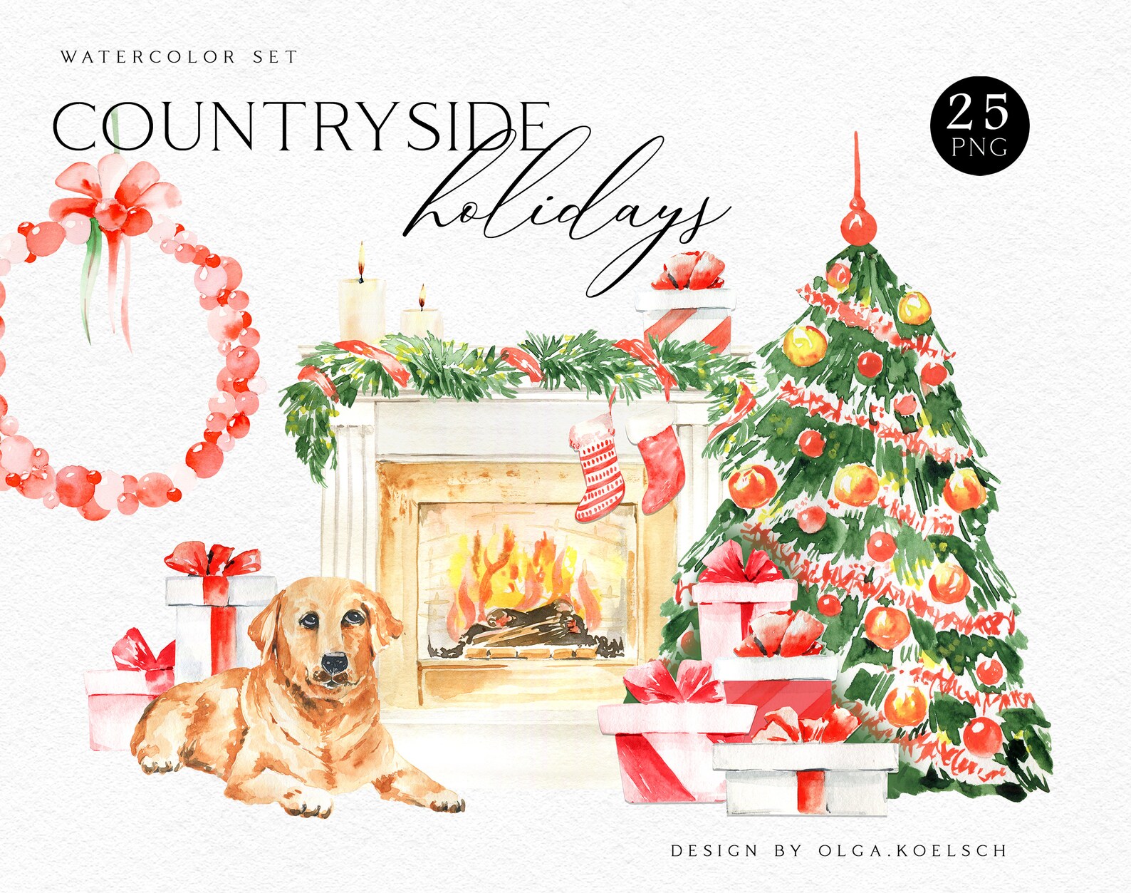 Watercolor Hygge Clipart Farmhouse Holiday Clip Art Dog - Etsy