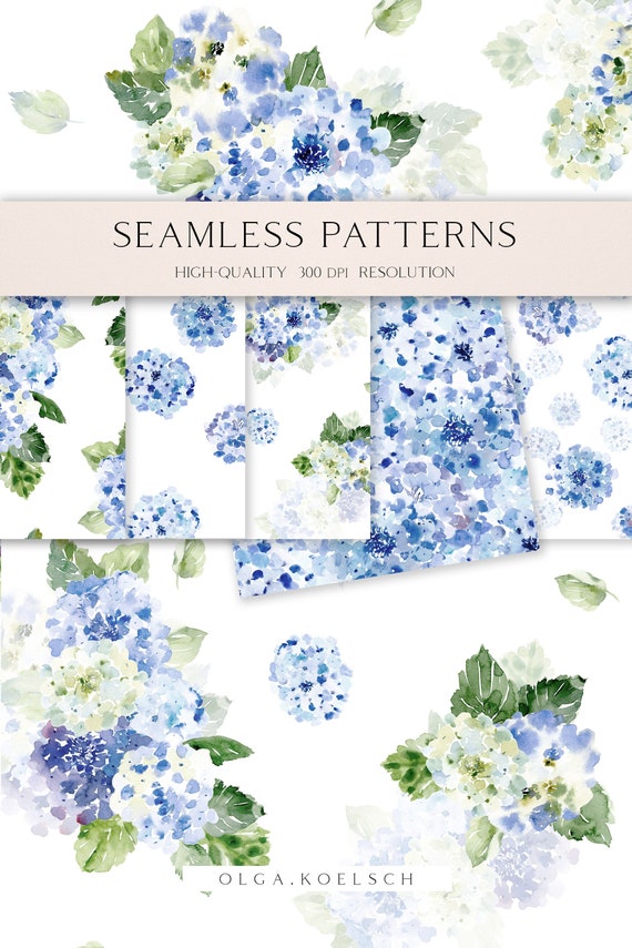 Blue Floral Pattern Fabric Hydrangea Watercolor Digital | Etsy
