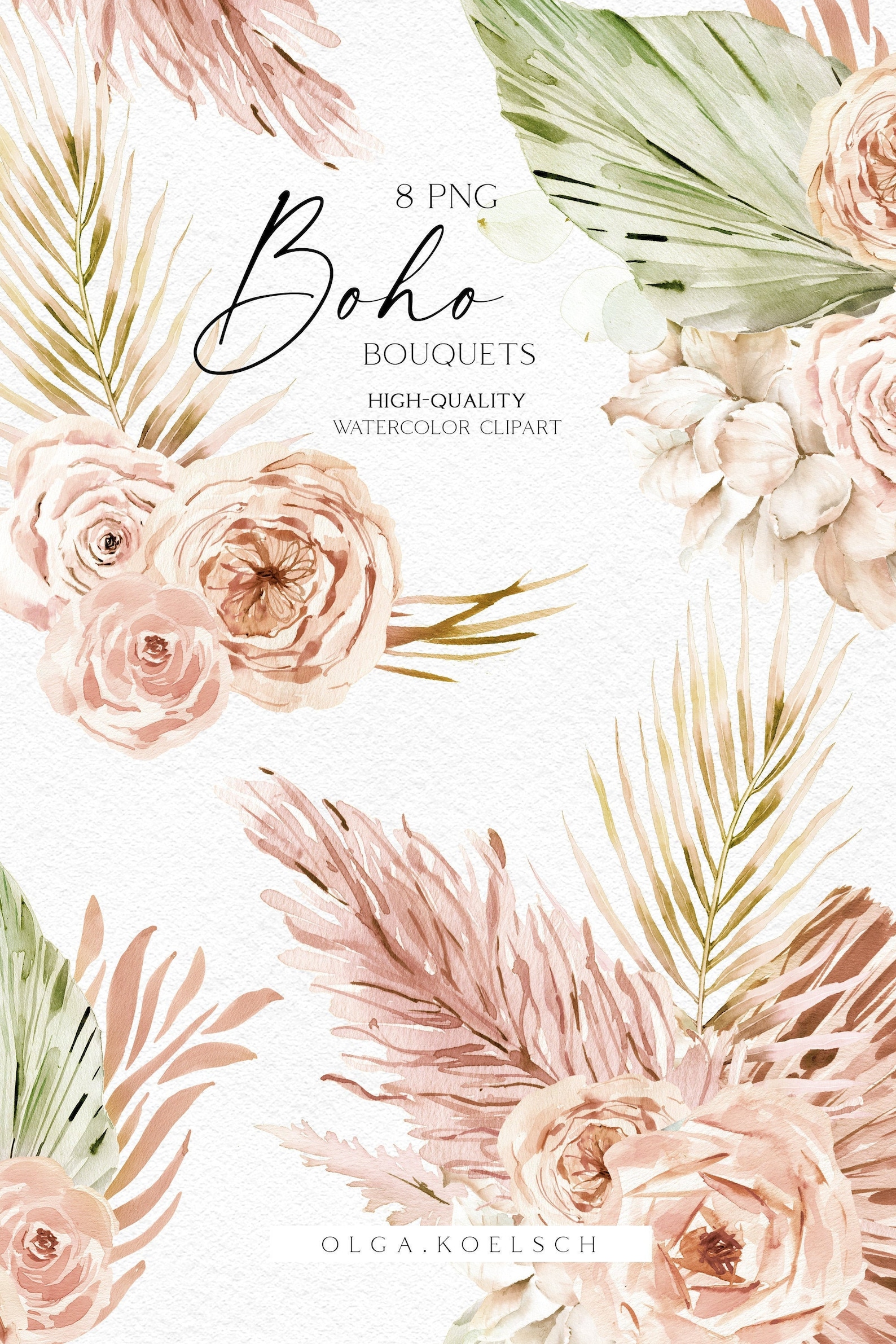 Watercolor Boho Dried Flower Clipart Palm Boho Roses Bouquets - Etsy Canada
