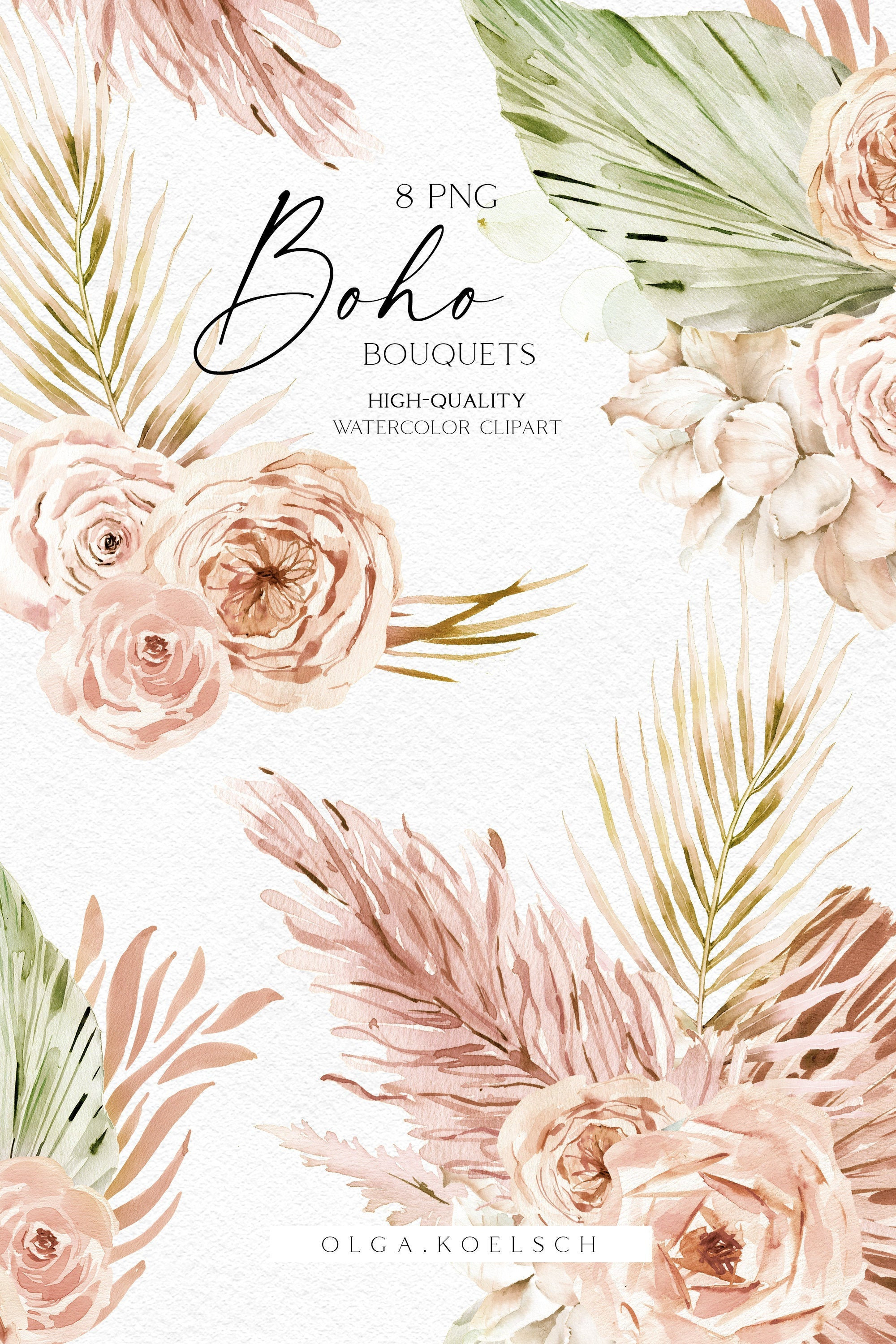Watercolor Boho Dried Flower Clipart Palm Boho Roses Bouquets - Etsy Canada