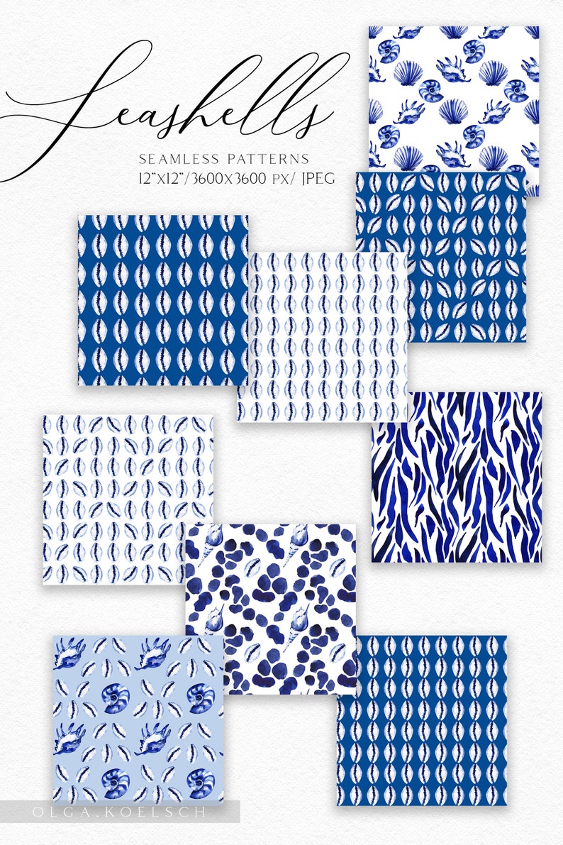Watercolor Seashell Seamless Paper Pack. Blue Digital Paper. Travel ...