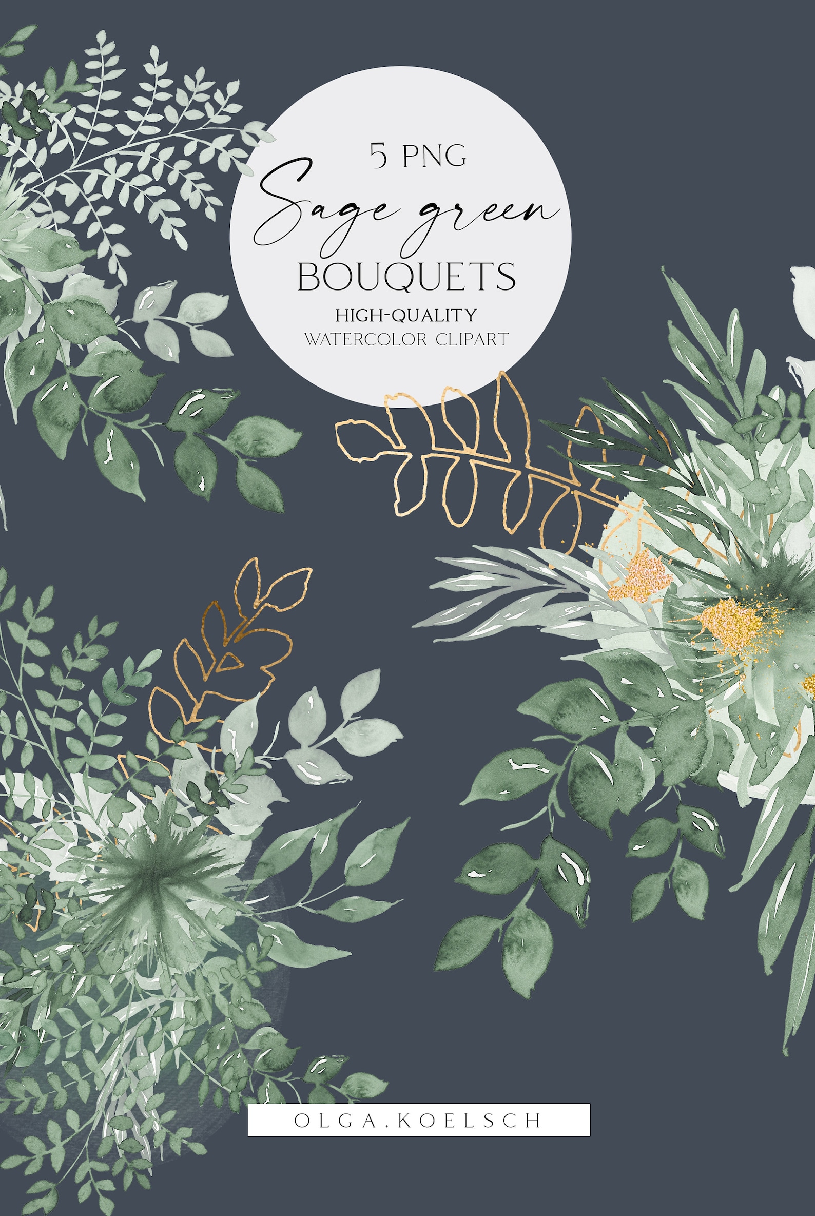 Watercolor Greenery Clipart Sage Green Bouquet Png Gold and | Etsy