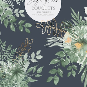 Watercolor Greenery Clipart, Sage Green Bouquet Png, Gold and Green ...