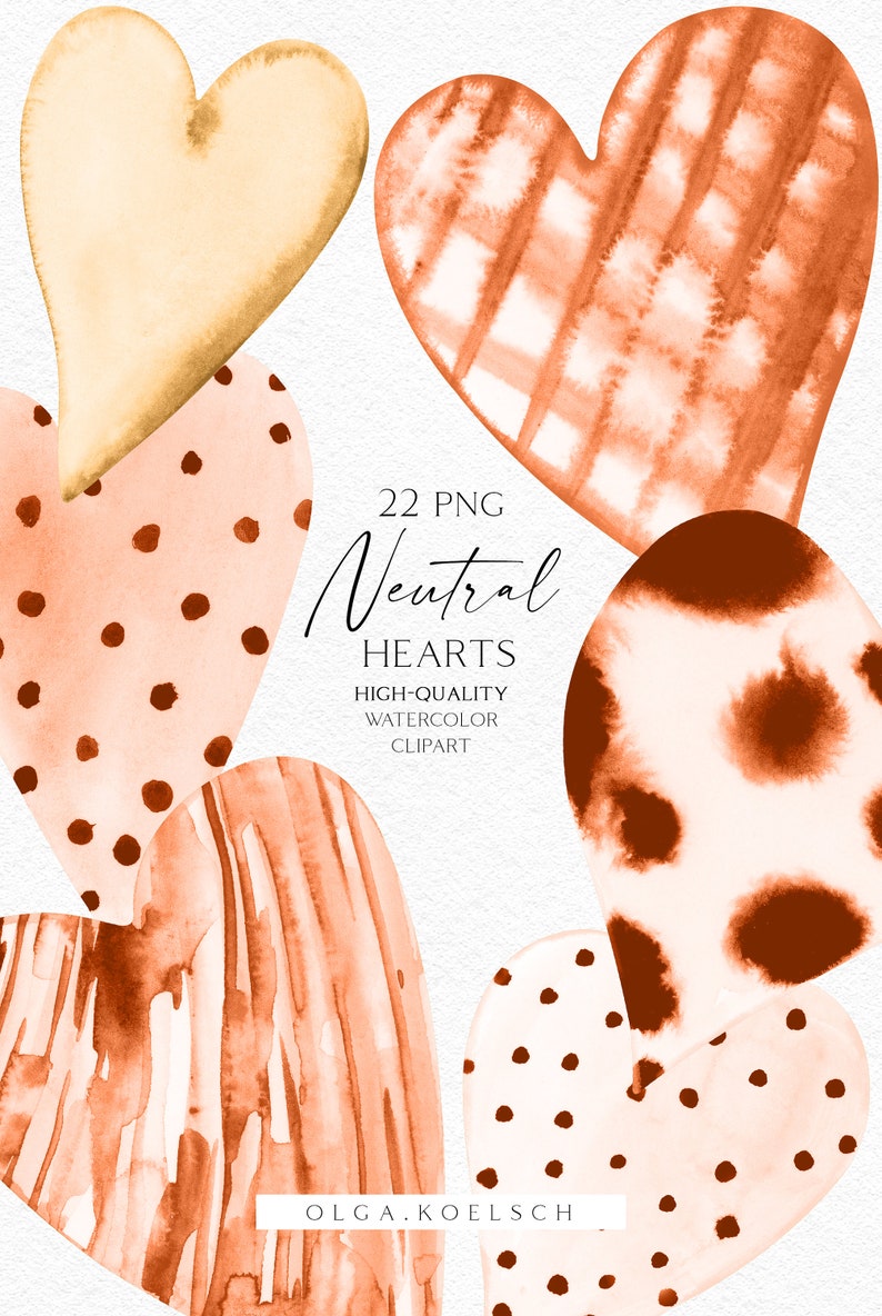 Watercolor Neutral Hearts Clipart, Valentine Day Heart Clipart ...