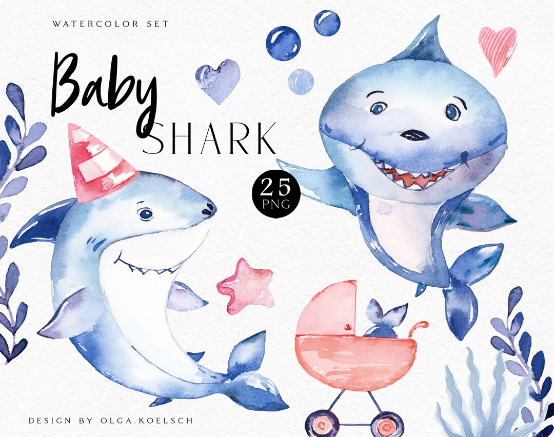 Watercolor Baby Shark Clipart, Shark Birthday Diy, Watercolor Nautical ...