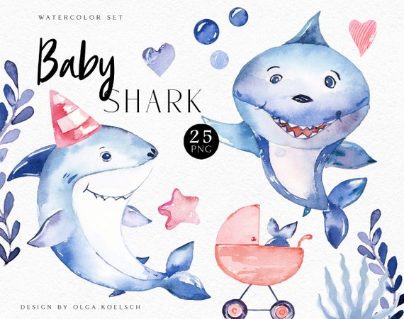 Watercolor Baby Shark Clipart Shark Birthday Diy Watercolor - Etsy