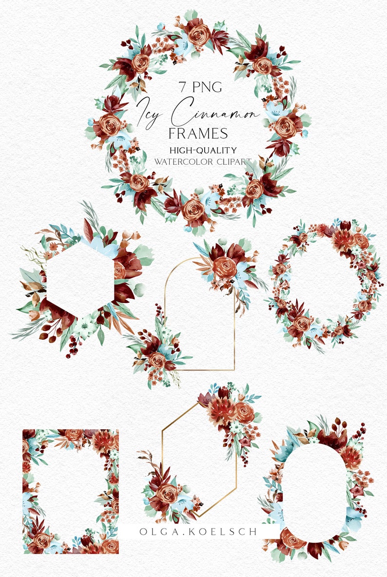 Boho Flowers Clipart, Blue Burgundy Boho Roses Frames Png, Watercolor ...