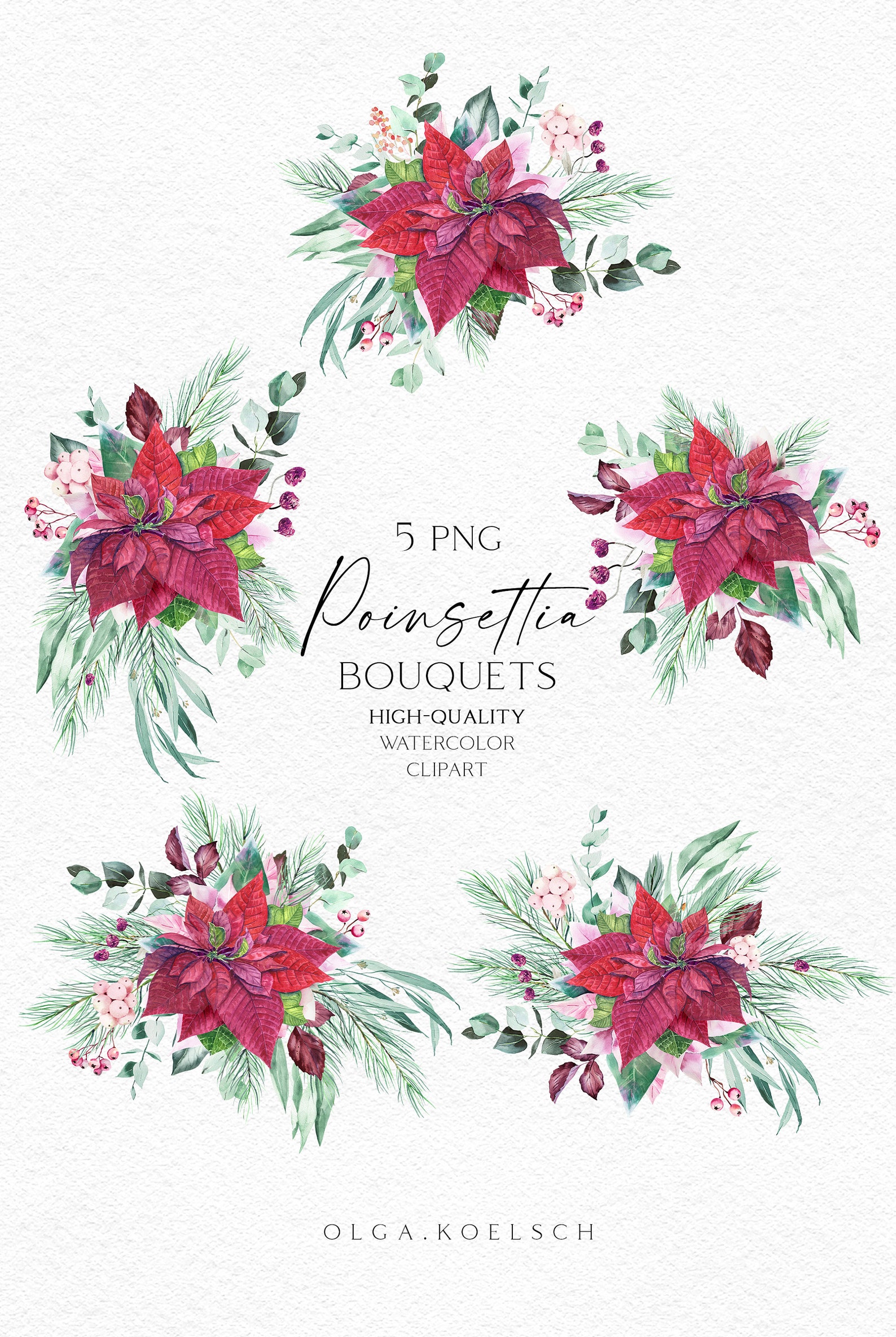 Watercolor Red Poinsettia Bouquet Clipart, Red Christmas Floral Clipart ...
