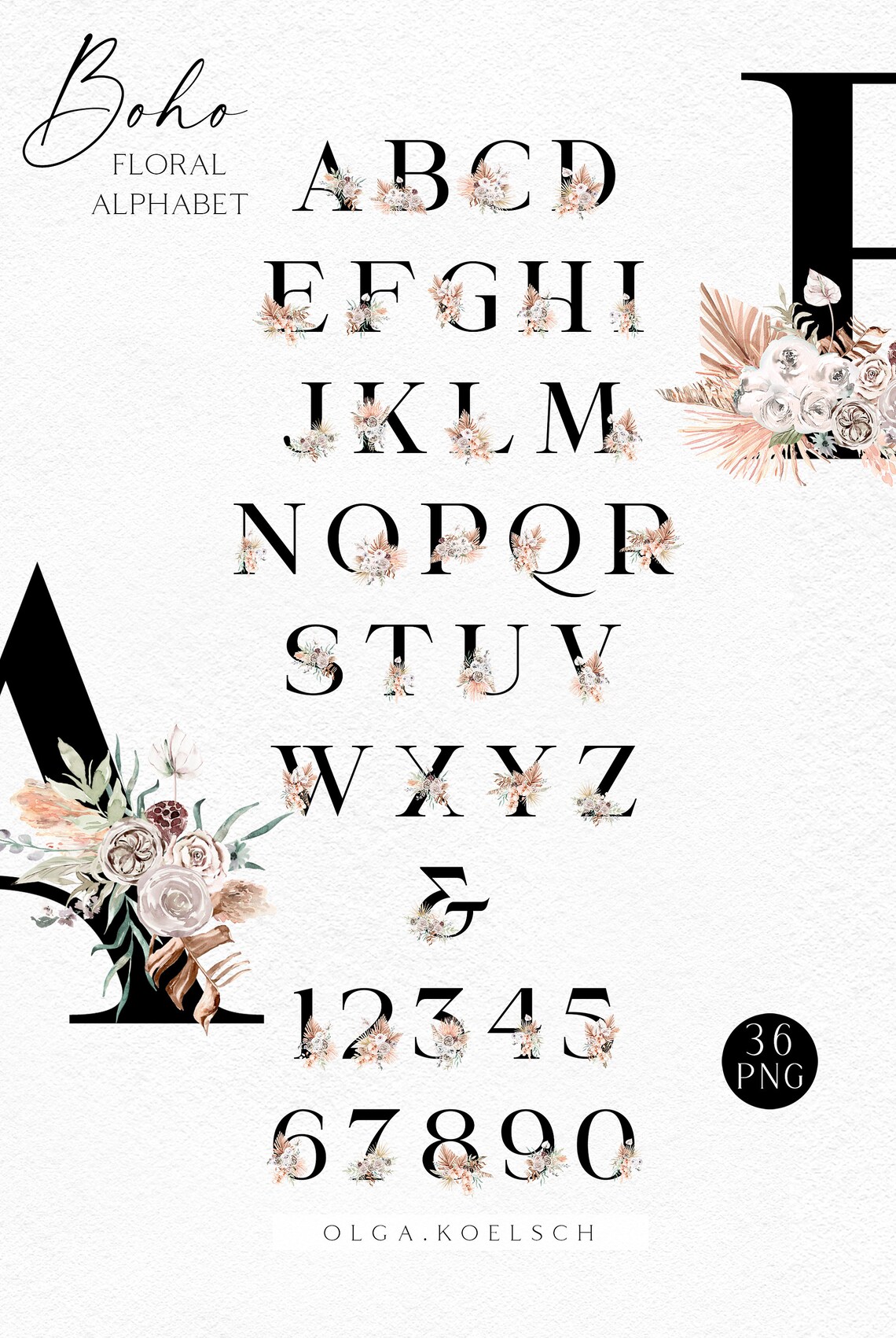 Boho Floral Wedding Alphabet Clipart Watercolor Pastel - Etsy