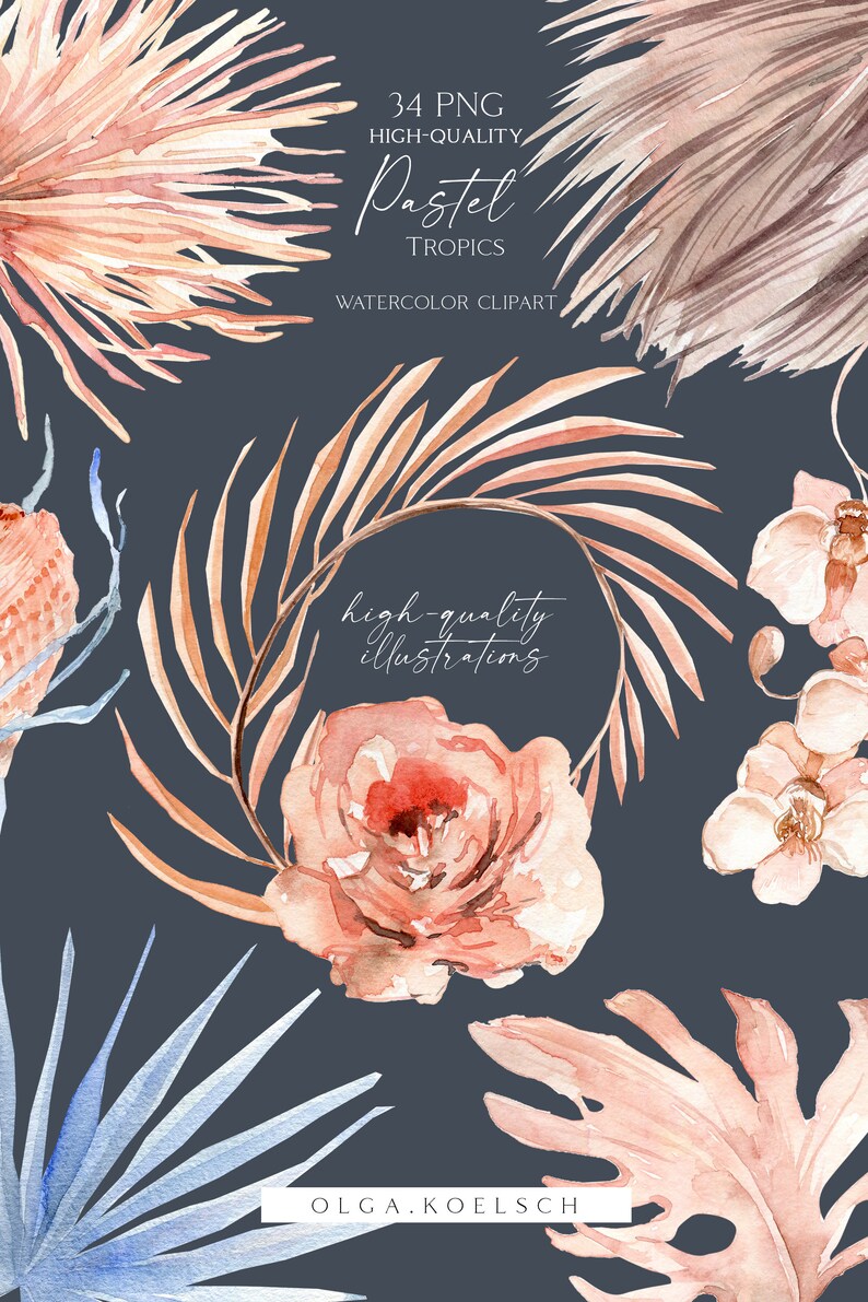 Watercolor Boho Clipart, Tropical Clipart With Dusty Pink Roses and ...
