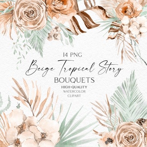 Watercolor Boho Floral Clipart, Tropical Leaves and Roses Bouquets Png ...