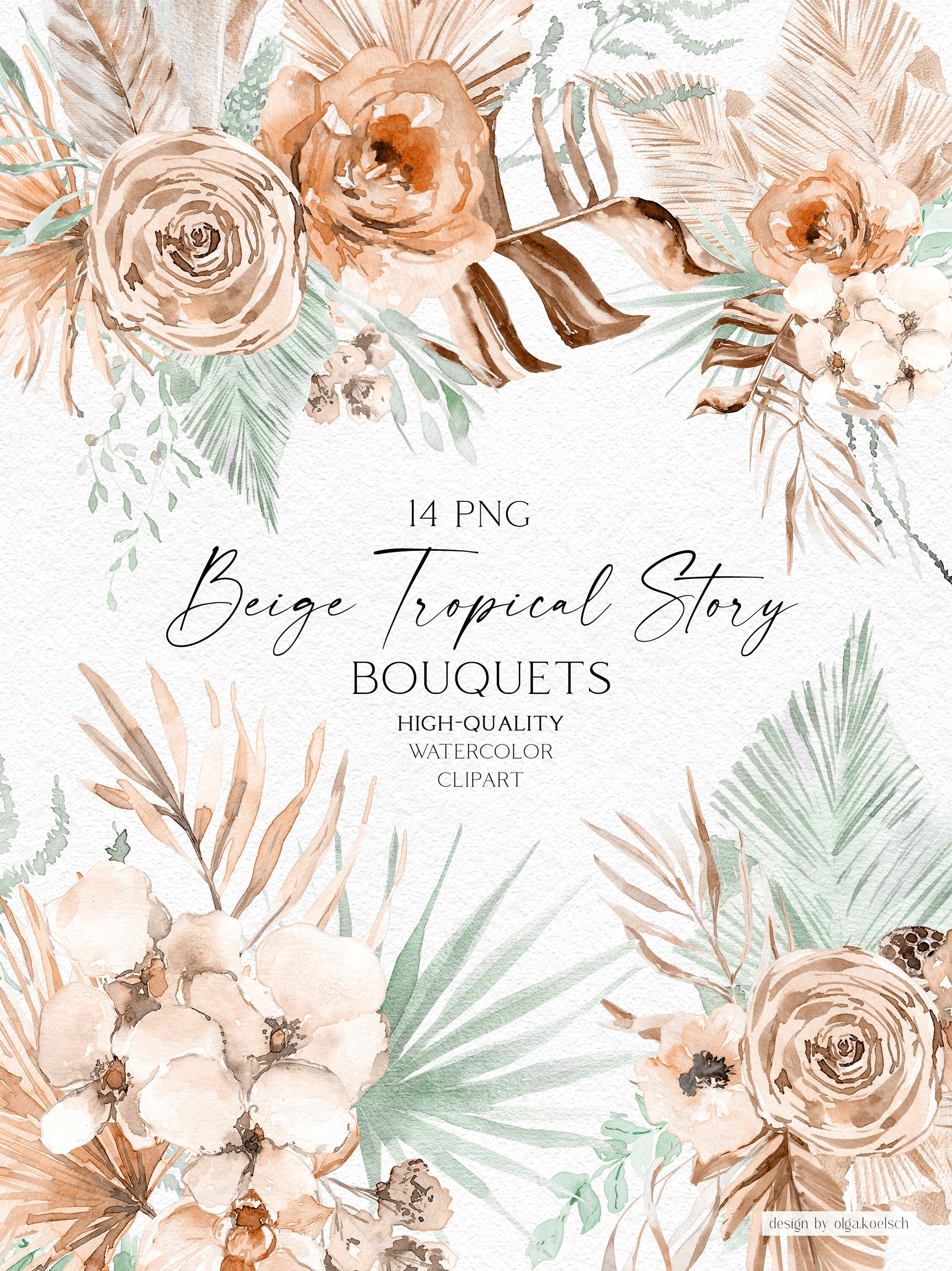 Watercolor Boho Floral Clipart, Tropical Leaves and Roses Bouquets Png ...