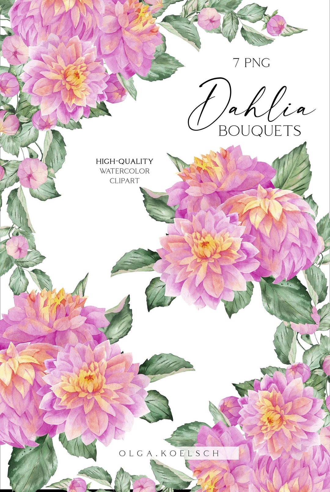 Boho Purple Floral Clipart, Watercolor Dahlia Clipart Purple Bouquet ...
