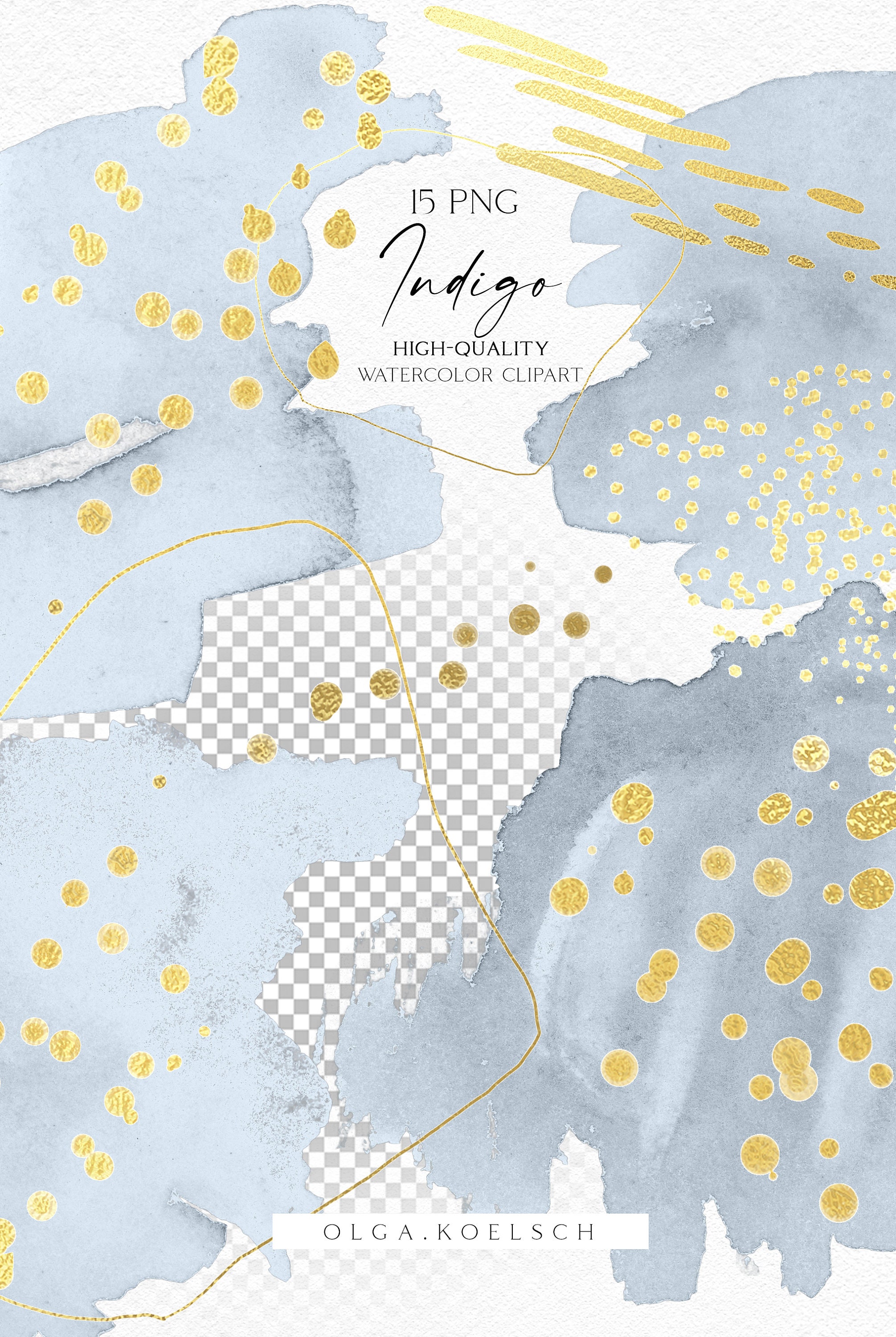 Dusty Blue Watercolor Brush Strokes Png, Gold Abstract Clipart, Indigo ...