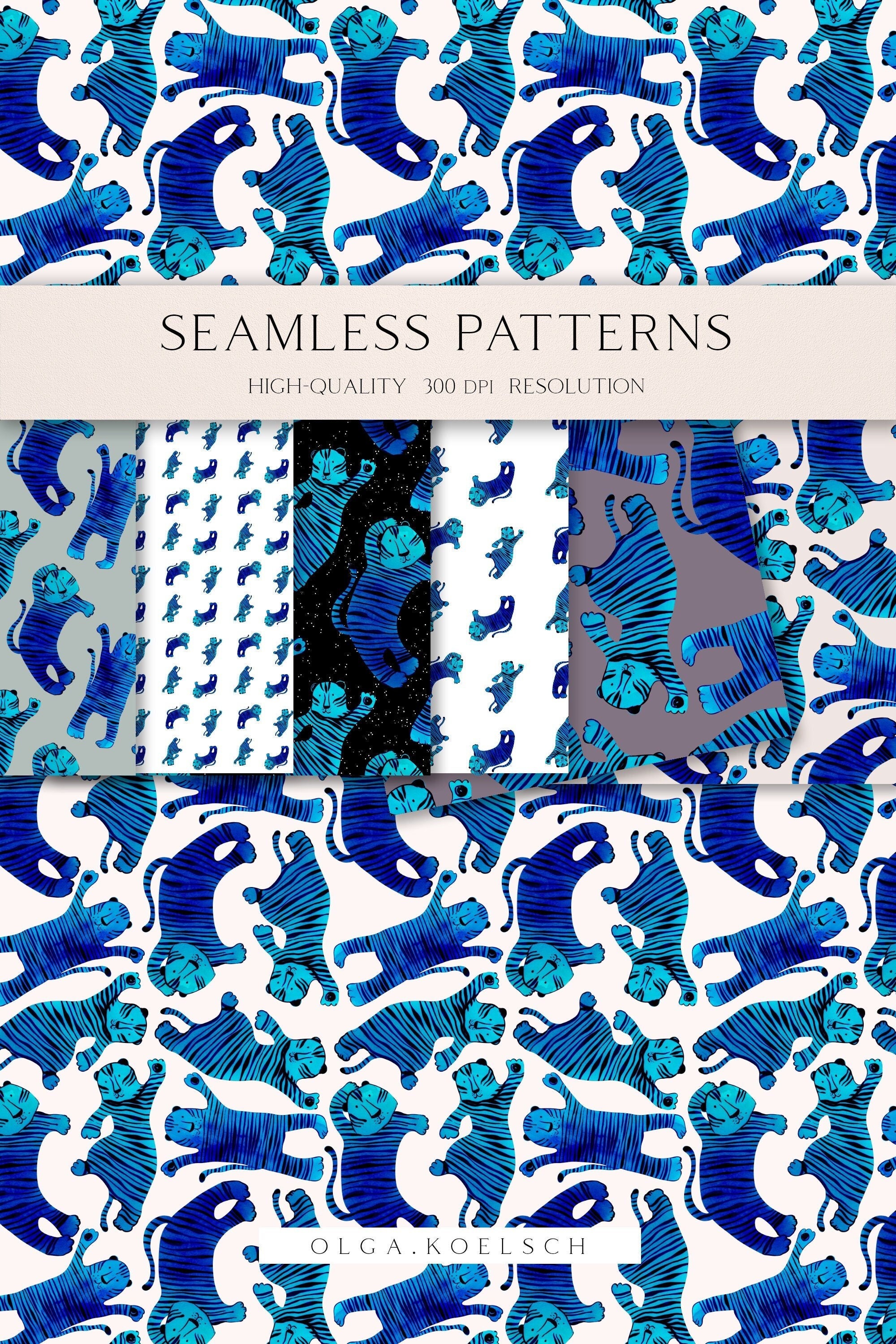 Blue Tiger Digital Paper. Watercolor Tigers Seamless Pattern - Etsy