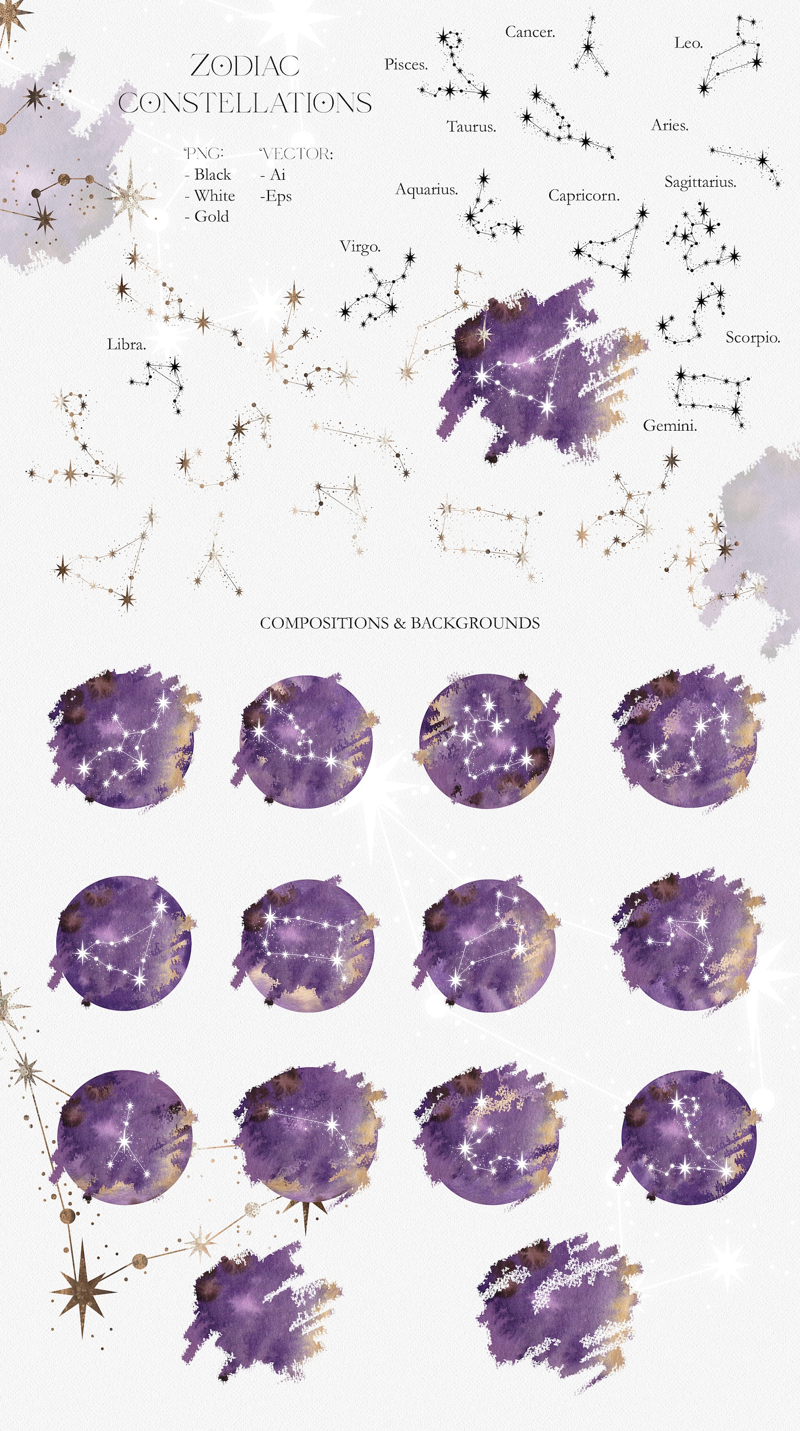 Watercolor Boho Floral Clipart, Zodiac Png, Constellation Clipart ...