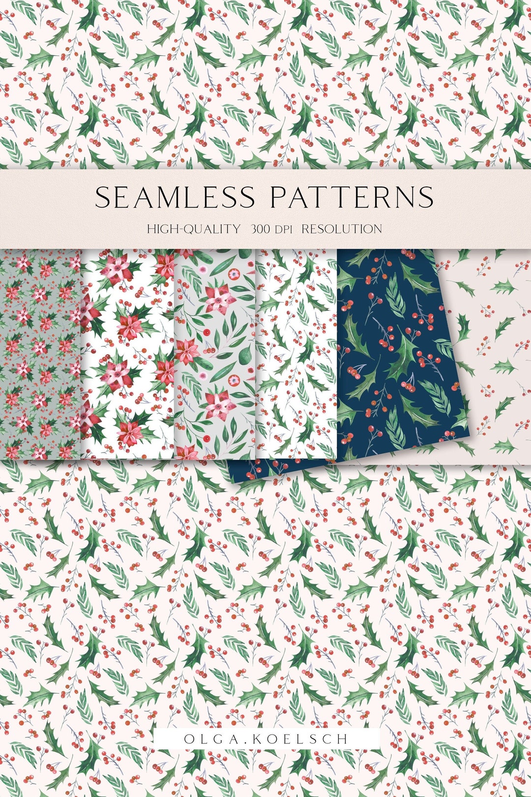 Christmas Holly Berry Digital Paper. Holly Clipart Christmas Pattern ...